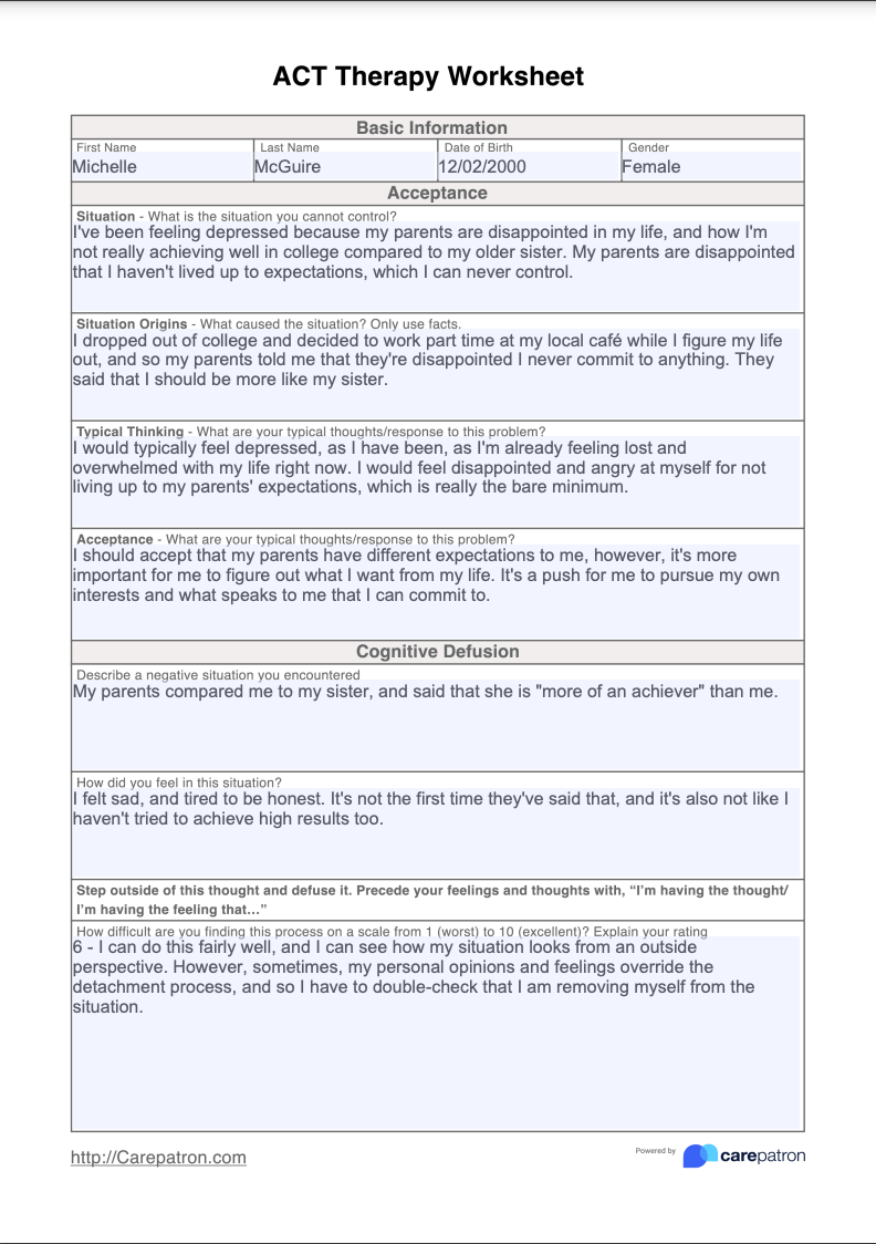 ACT Therapy Worksheet & Example | Free PDF Download